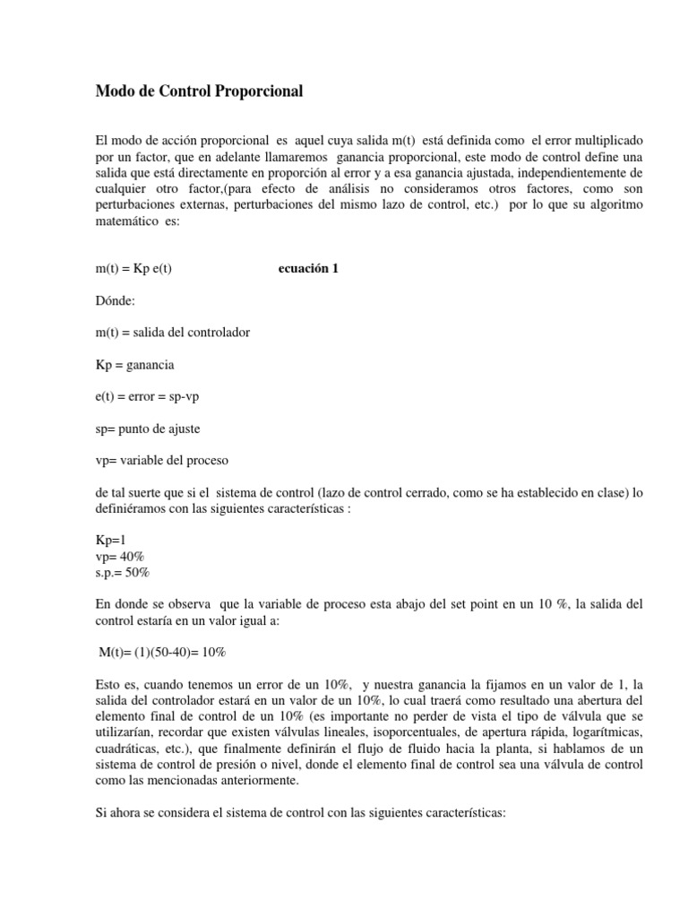 Modo de Control Proporcional Concepto Basico | PDF | Sistema de control | Matemáticas Aplicadas