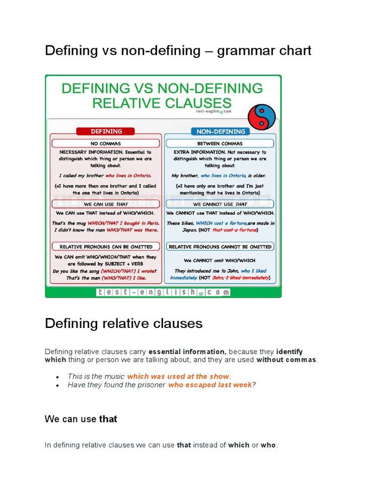 Defining vs Non-Defining Clauses Guide | PDF | Clause | Grammar