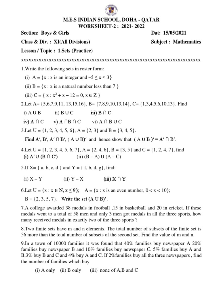 2021 Worksheets Sets | PDF | Mathematical Logic | Mathematical Objects