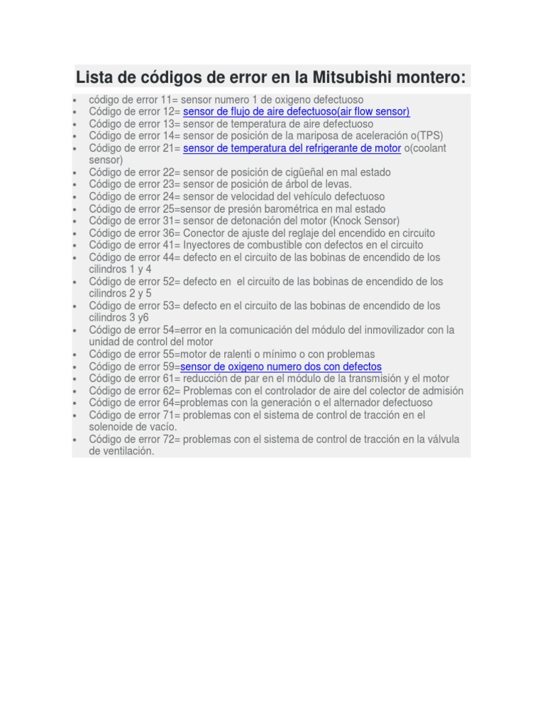 Lista de Códigos de Error en La Mitsubishi Montero | PDF