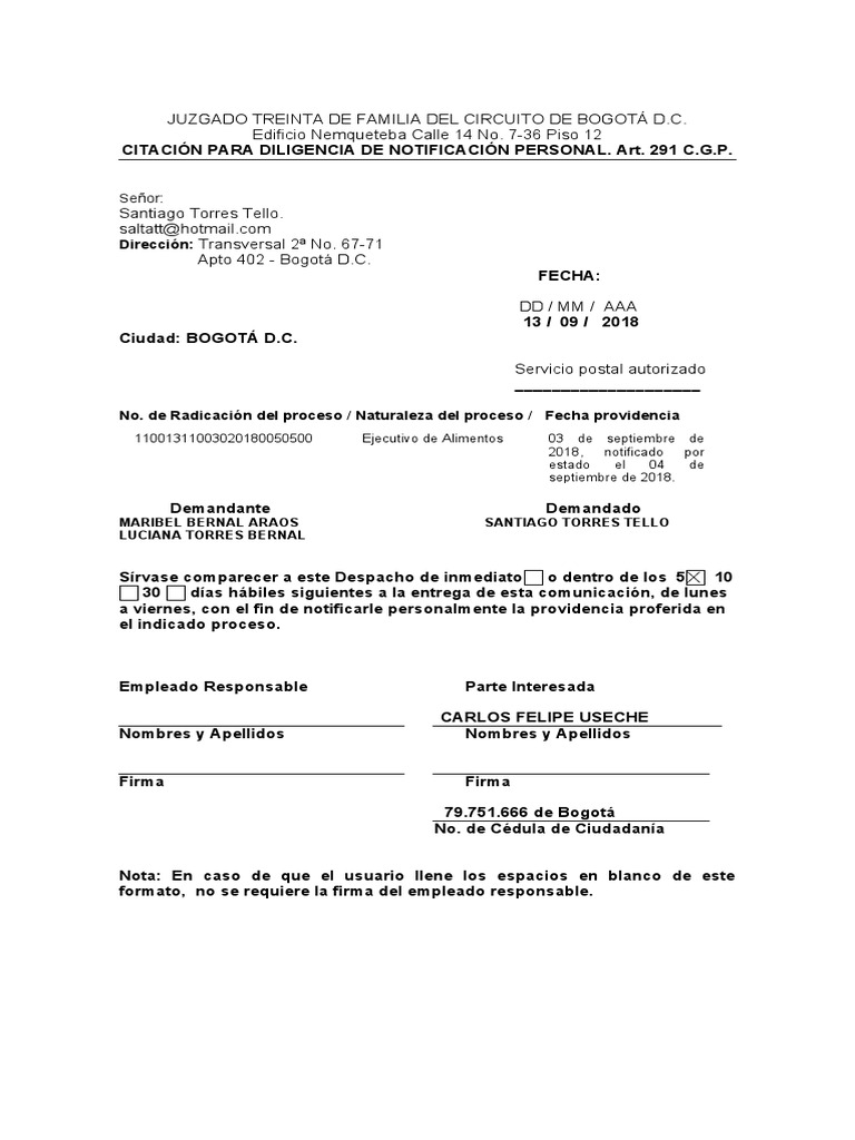 NOTIFICACION PERSONAL 291 CGP | PDF NOTIFICACION PERSONAL 291 CGP | PDF