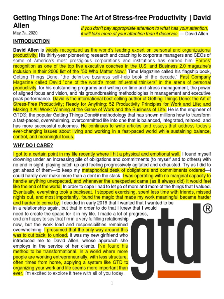 Getting Things Done - The Art of Stress-Free Productivity - David Allen | PDF | Cognition ...
