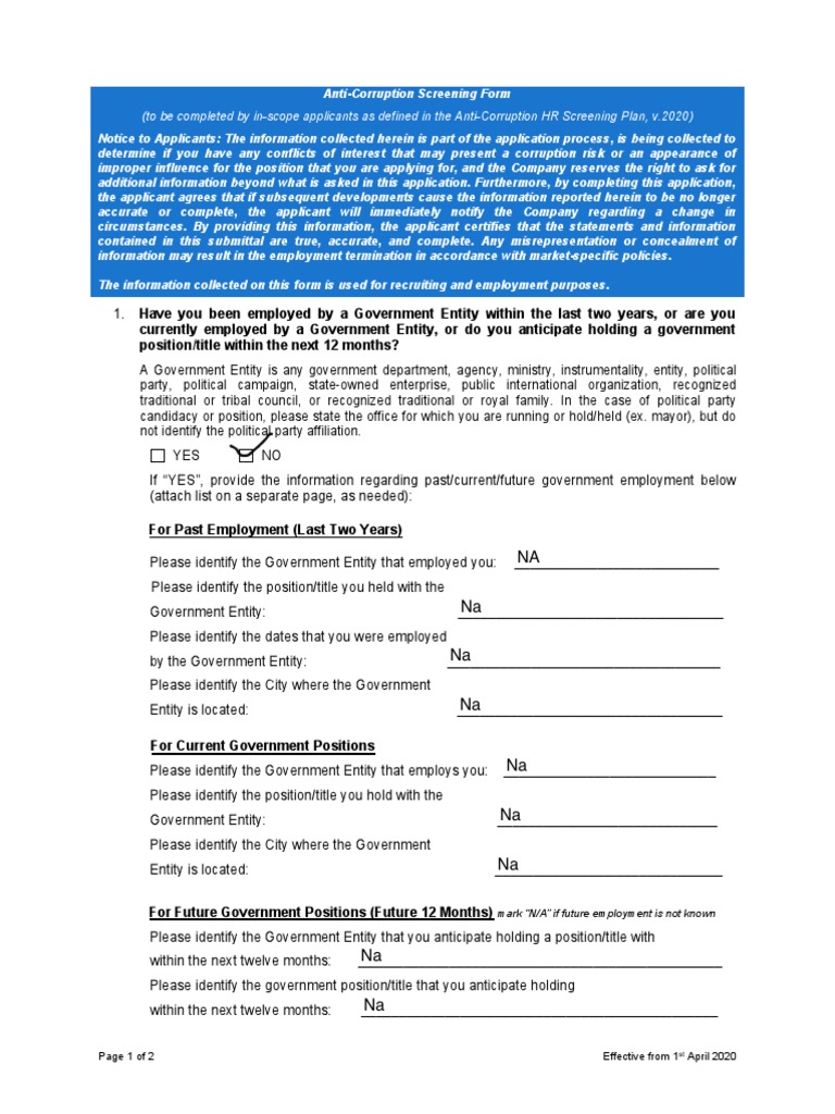 Form 1 - AC Screening Form - Revised | PDF | Employment | Conflict Of ...