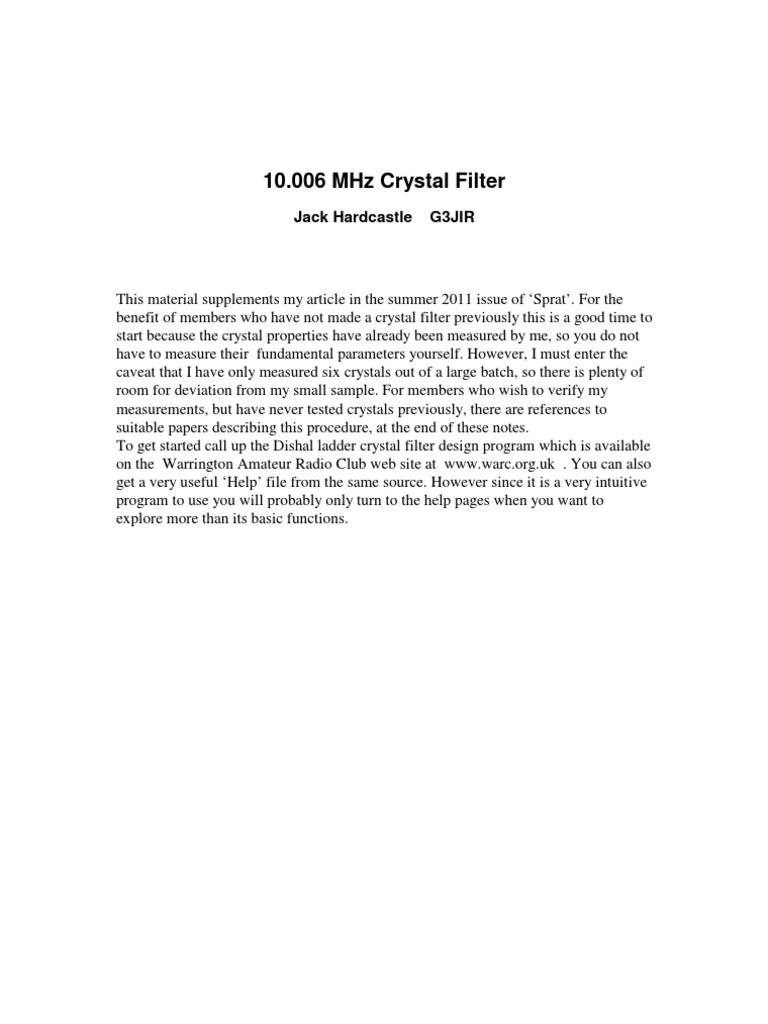 10.006 MHz Crystal Filter Design Guide | PDF | Electronic Filter ...