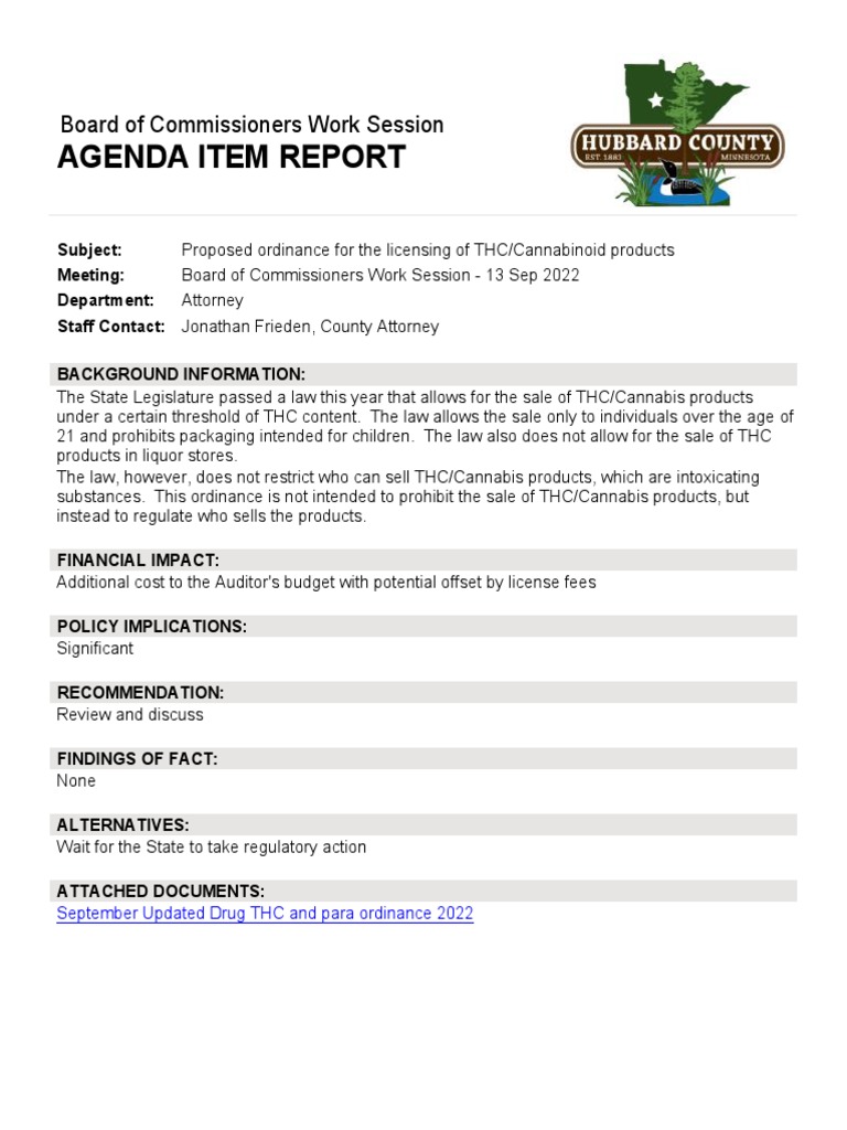 Proposed Hubbard County Ordinance For The Licensing of THC/Cannabinoid ...