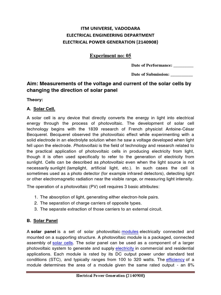 Exp 5 | PDF | Solar Panel | Photovoltaic System