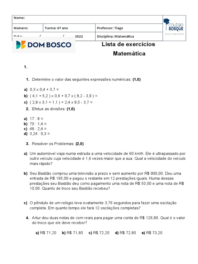 Lista de Exercícios Números Decimais | PDF