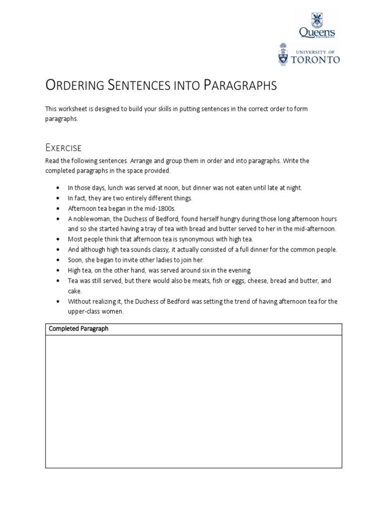 M4-Ordering-Sentences-into-Paragraphs-Exercises | PDF