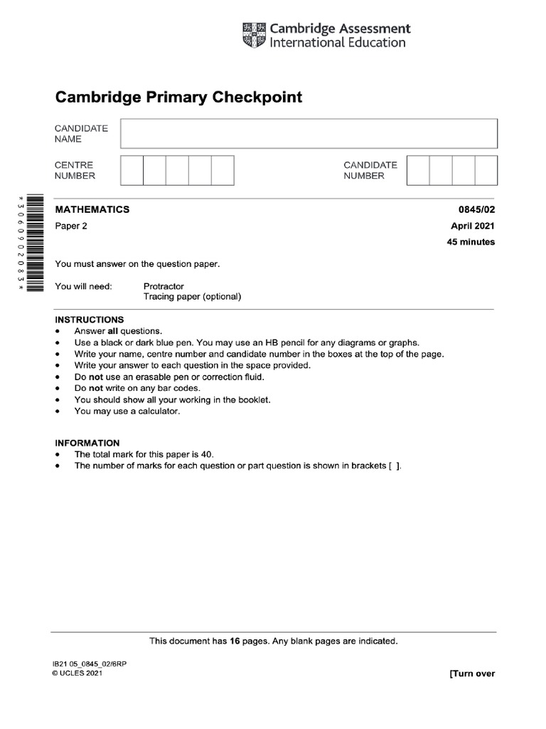 Cambridge Primary Checkpoint - Mathematics (0845) April 2021 Paper 2 ...