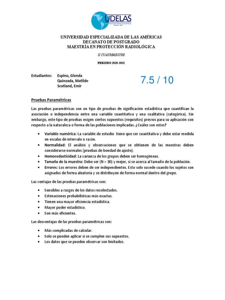 Pruebas Paramétricas | PDF | Prueba T de Student | Estadísticas