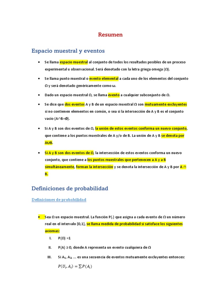 Resumen Espacio Muestral y Eventos | PDF | Variable aleatoria | Probabilidad