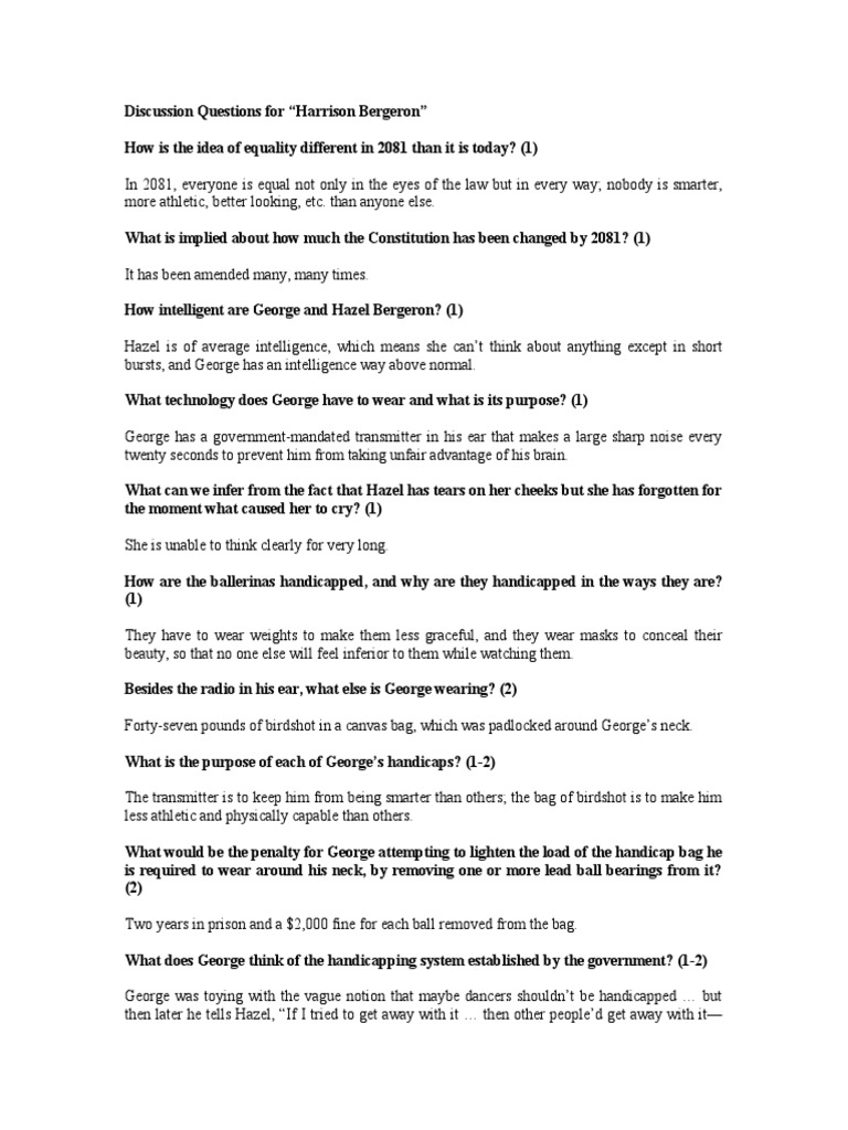 Harrison Bergeron Discussion Questions and Answers | PDF