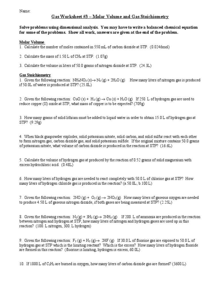 Unit 11 Gas Worksheet 3 Molar Volume and Gas Stoichiometry 2010 | PDF ...