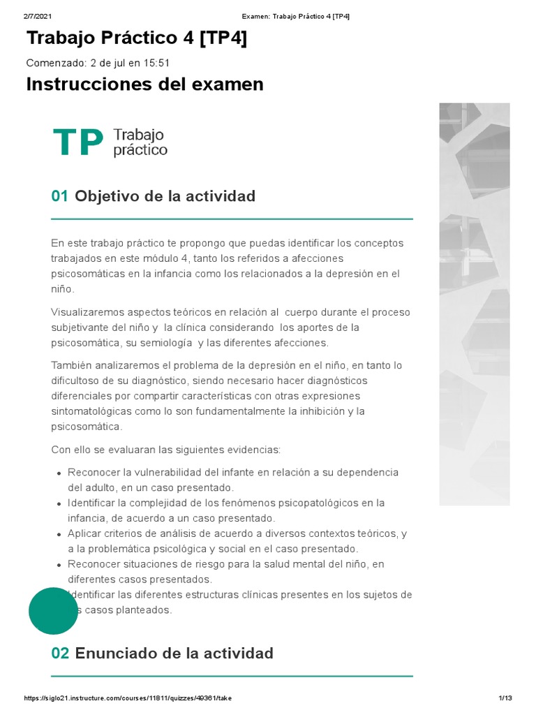Examen - Trabajo Práctico 4 (TP4) 80% | PDF | Depresión (estado de ánimo) | Prueba (evaluación)