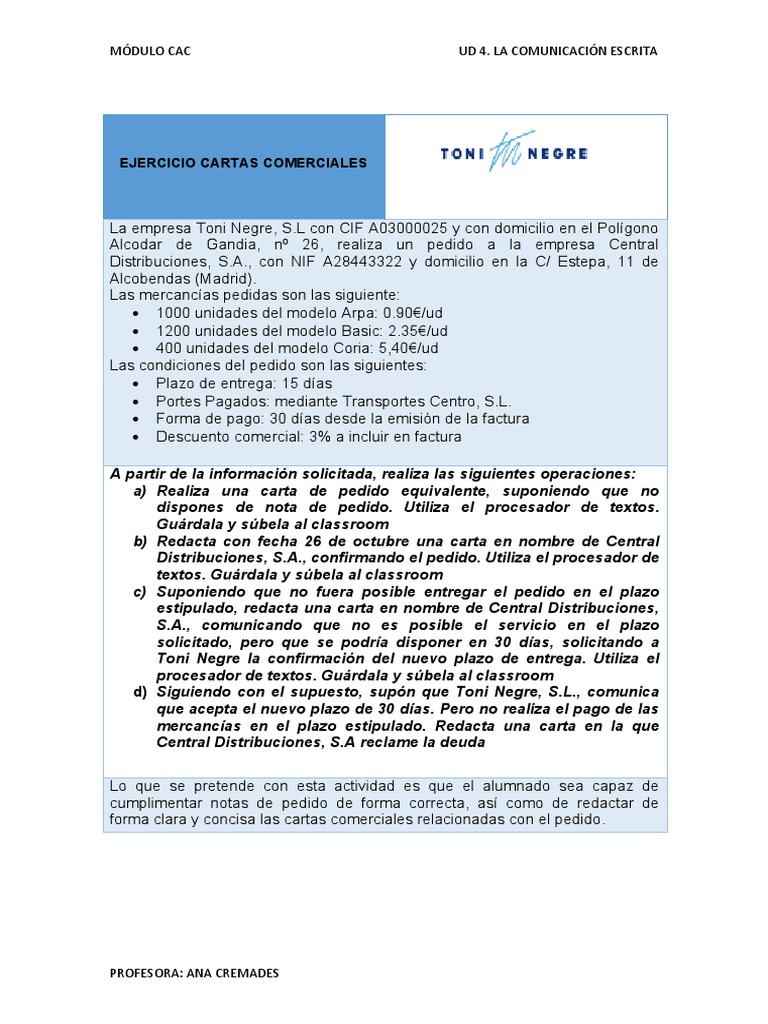 Ejercicios de Cartas Comerciales | PDF