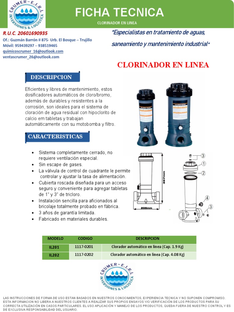 Clorinador Automático en Línea Crumer | PDF | Saneamiento | Química