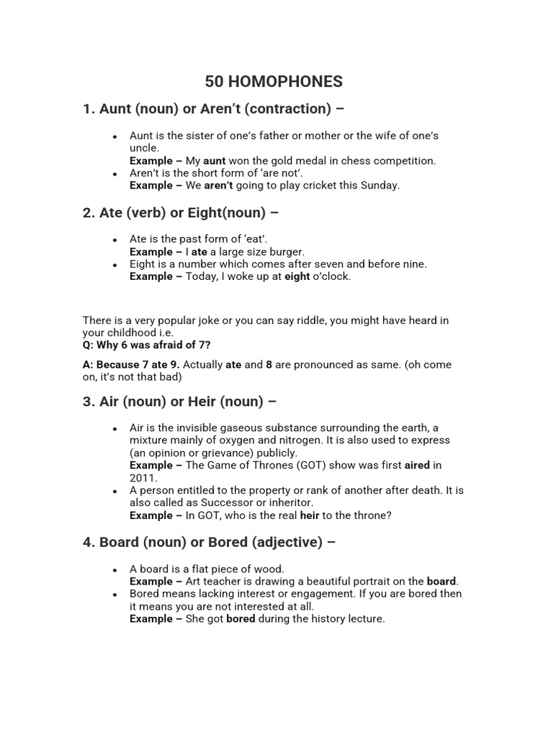 50 Homophones Anglais | PDF | Adjective | Chili Pepper