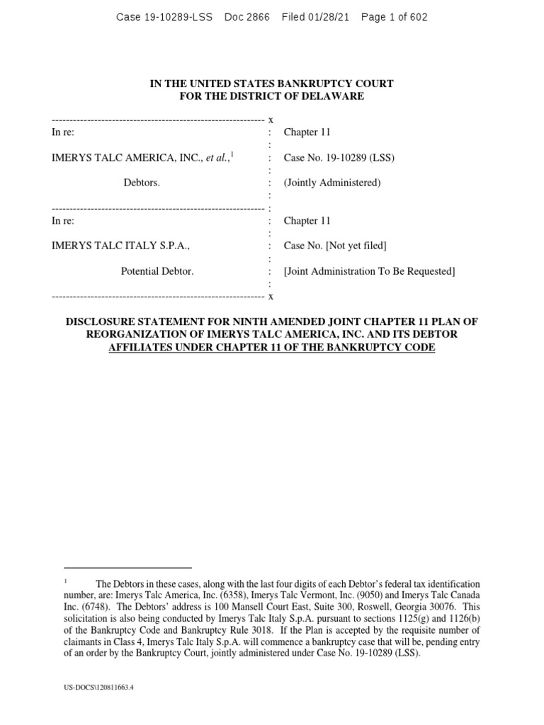 Imerys Disclosure Statement 1/28/21 | PDF | Chapter 11 | Bankruptcy In ...