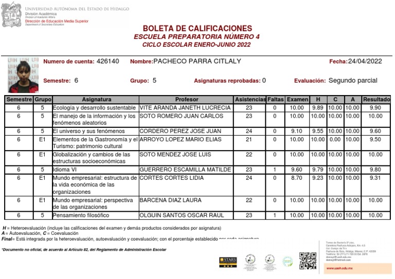 Boleta de Calificaciones Preparatoria 2022 | PDF