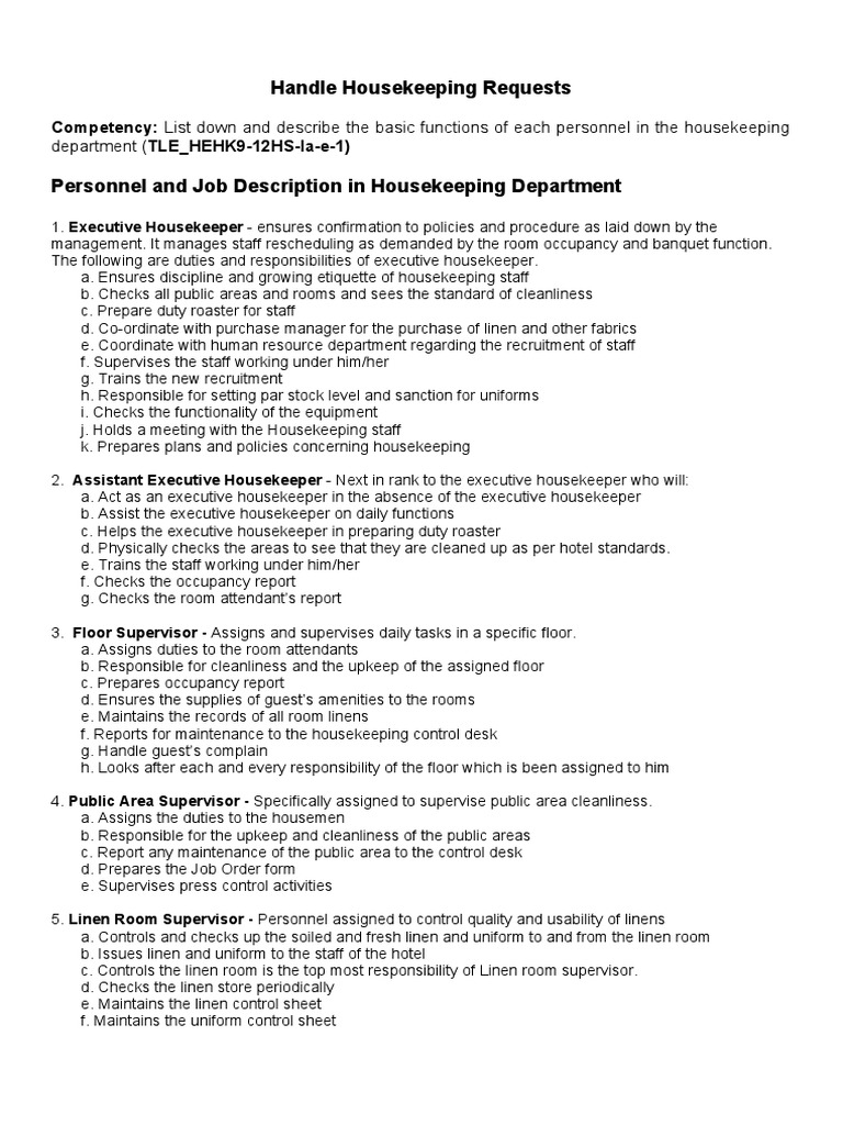 Handle Housekeeping Requests (Wee 2) YR 2022 | Download Free PDF ...