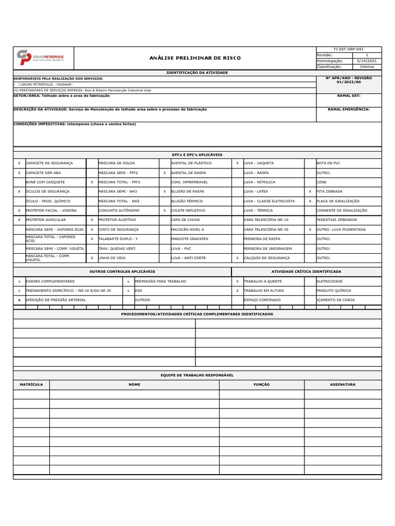 Formulário Padrão Análise Preliminar de Risco - Apr | PDF