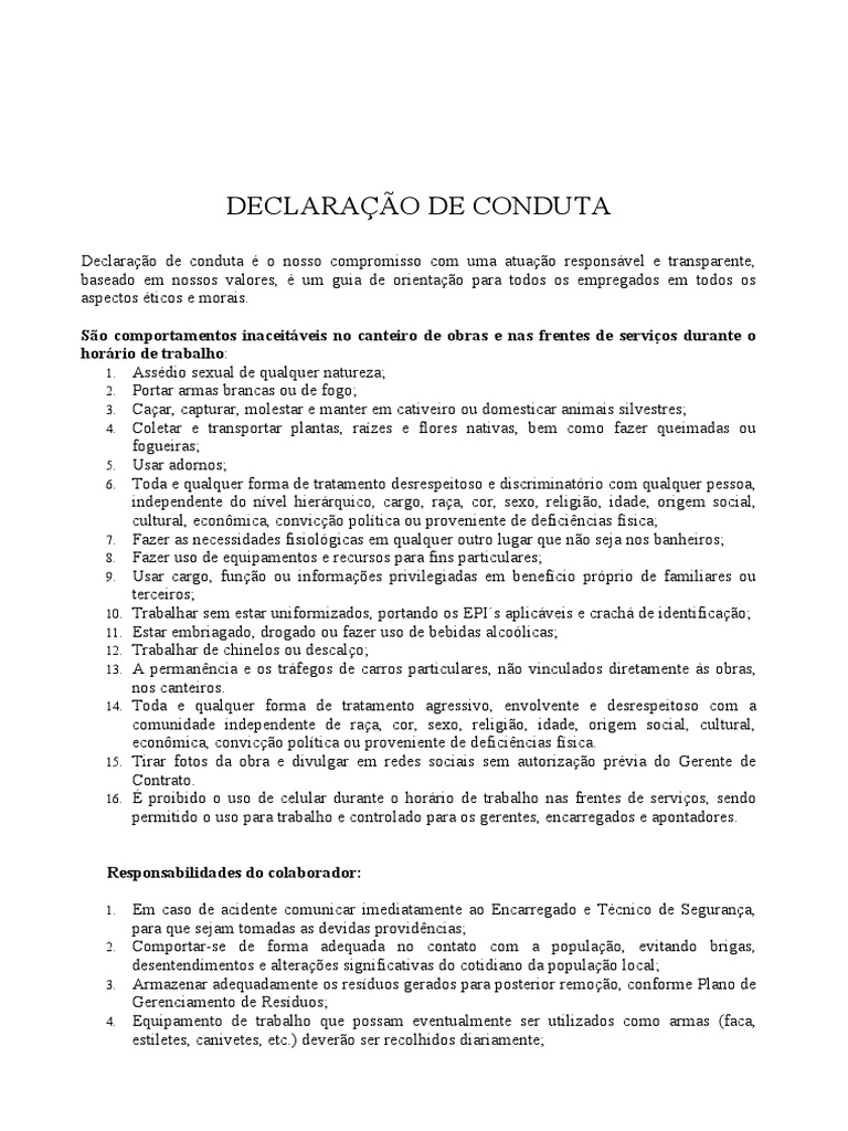 Declaração de Conduta - Modelo | Download grátis PDF | Desperdício