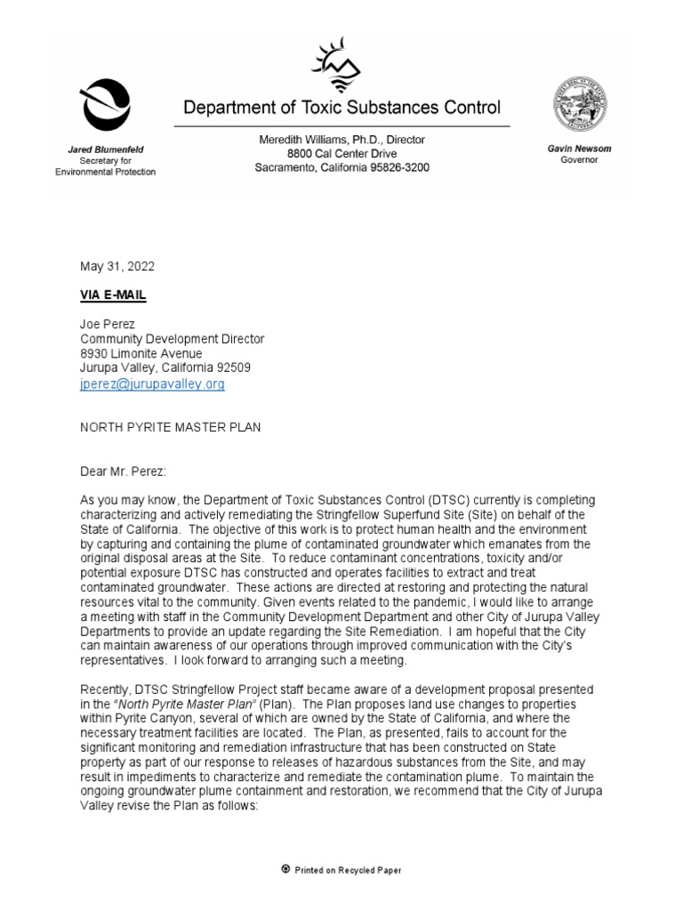 Letter On Possible Project Near Stringfellow Acid Pits | PDF ...