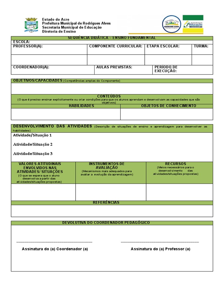 Modelo Estrutura de Sequência Didática - Ensino Fundamental 2021 | PDF
