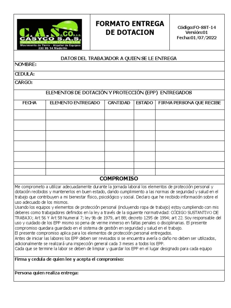 Formato Entrega de Dotacion | PDF