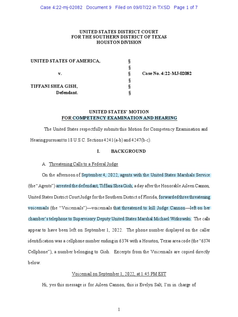USA V Gish Sept 7th Motion For Competency Evaluation | PDF | Central ...