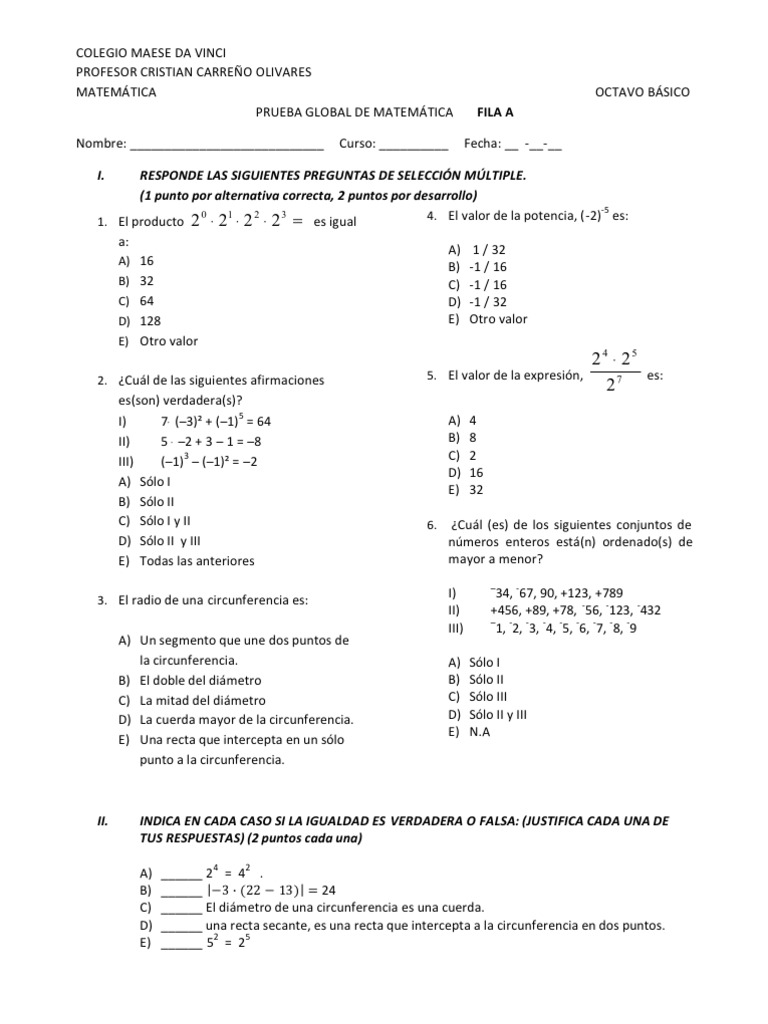Prueba Global de Octavo Basico | PDF | René Descartes | Objetos matemáticos