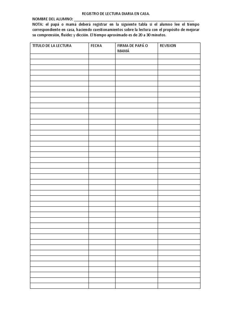 Registro Diario de Lectura en Casa | PDF