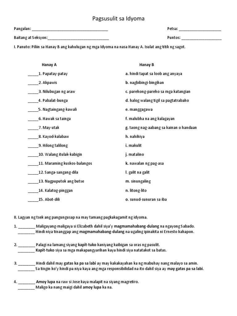 Pagsusulit Sa Idyoma | PDF