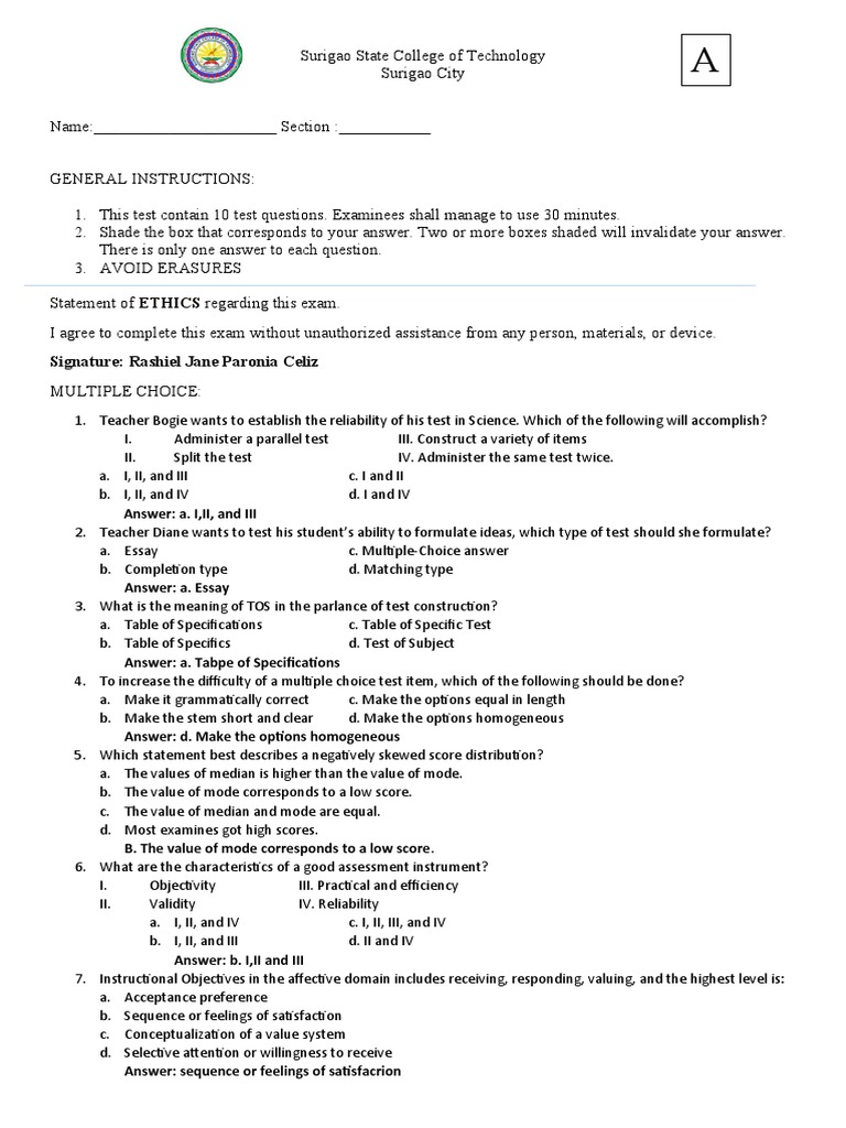 Quiz 2 in Assessment1 | PDF | Multiple Choice | Cognition
