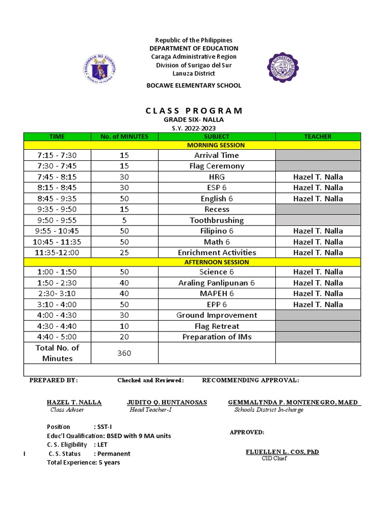 Class Program 2022 2023 Grade 6 Pdf
