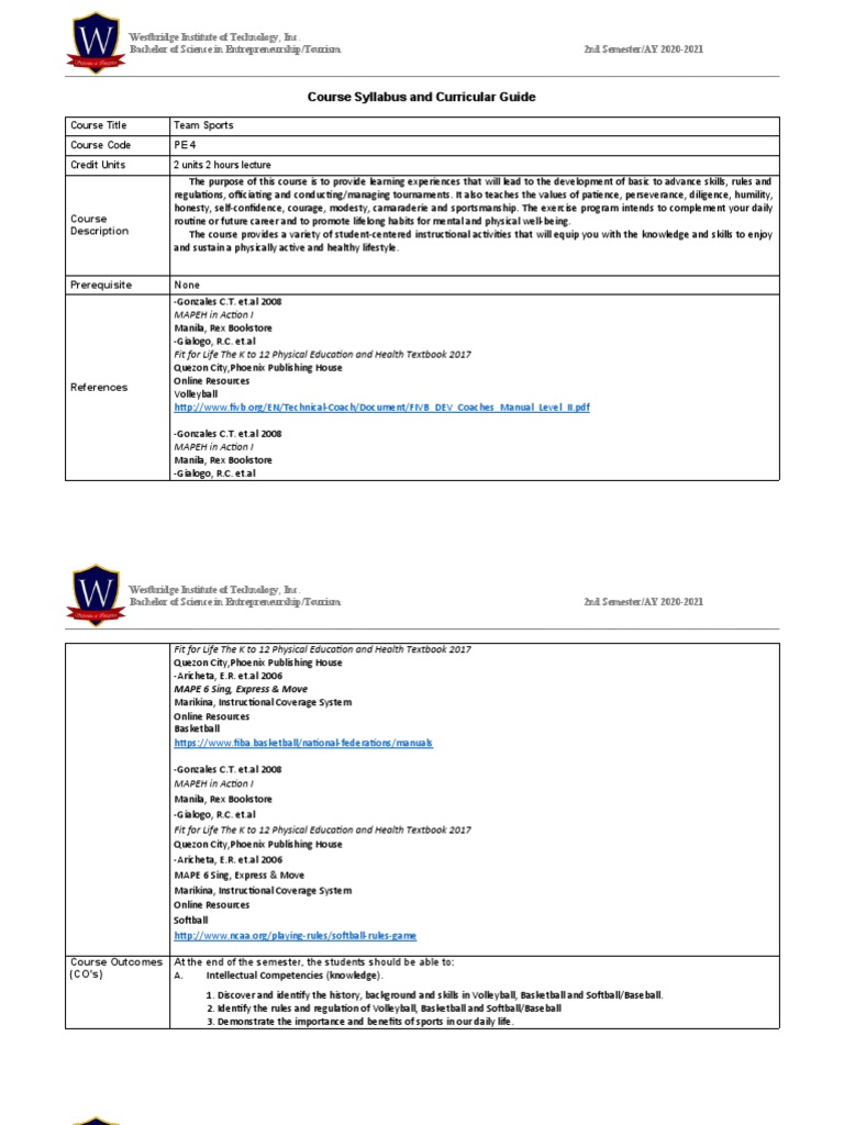 Team Sports Syllabus | PDF | Physical Education | Bachelor's Degree