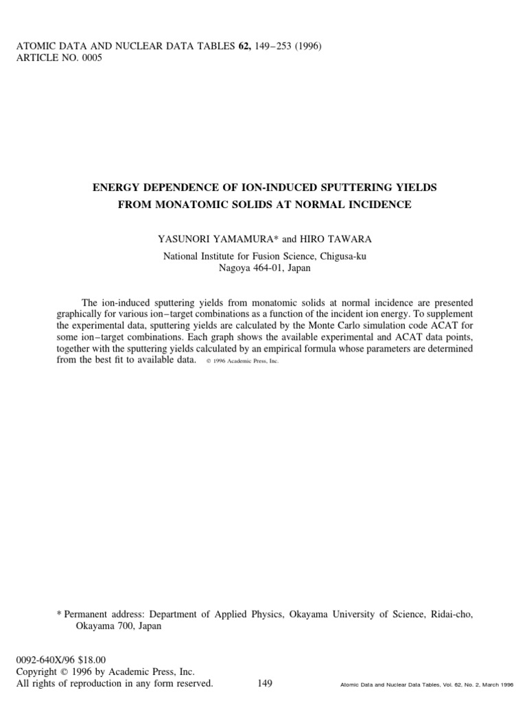 Yamamura 1996 | PDF | Sputtering | Physical Sciences