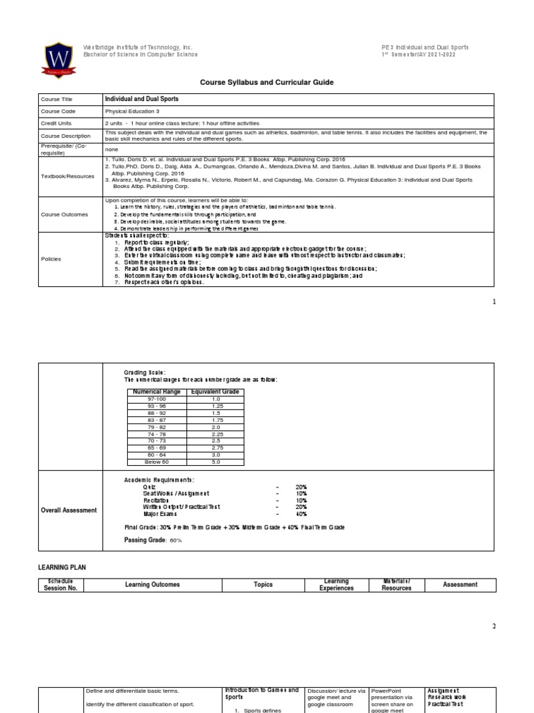 PE3 Individual and Dual Sports SYLLABUS | PDF | Lecture | Physical ...