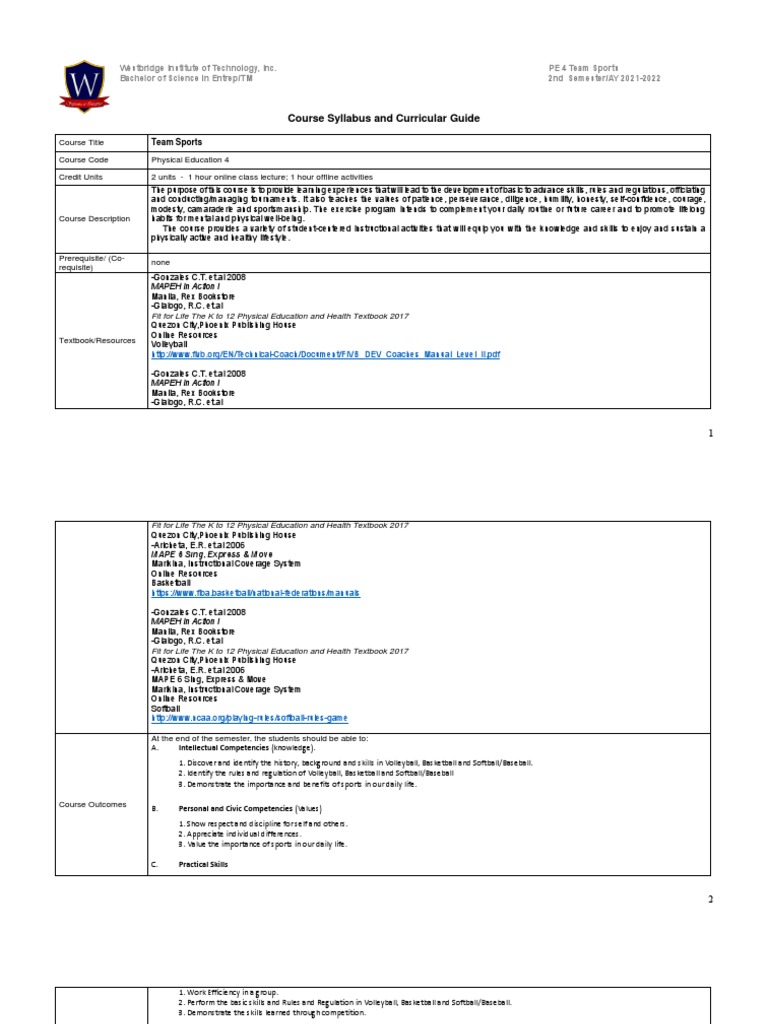 Team Sports Course Syllabus 2021-2022 | PDF | Lecture | Physical Education
