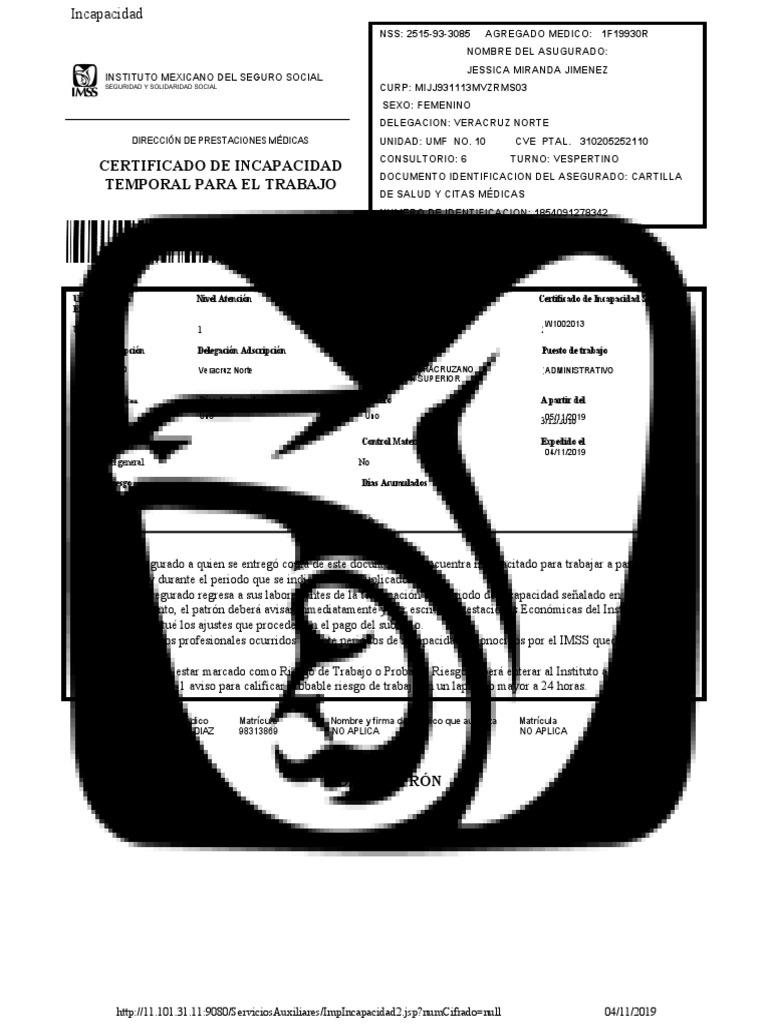 Certificado De Incapacidad Temporal Para El Trabajo Expedido Por El