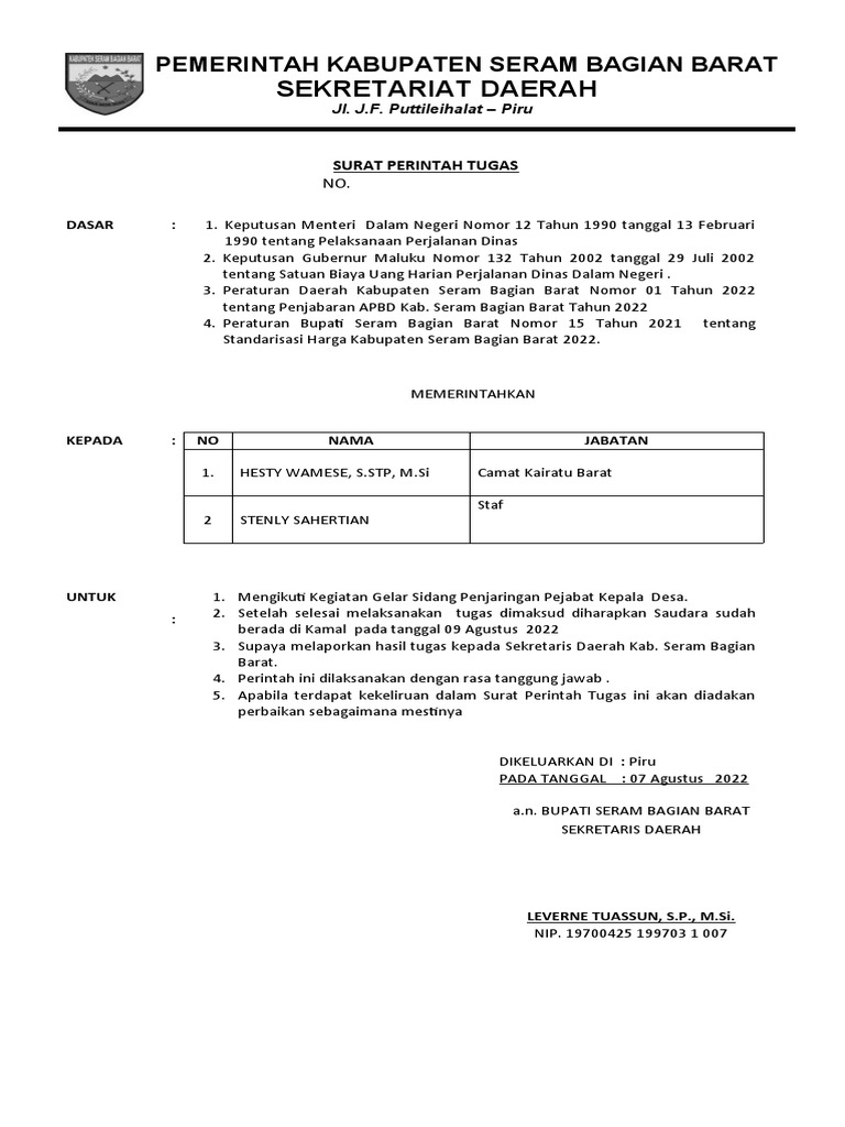 Surat Tugas Sidang Pejabat Desa SBB | PDF