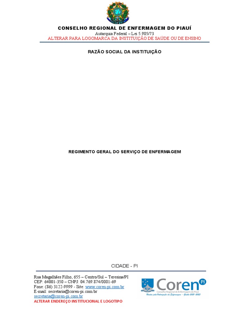 Modelo Do Regimento Do Servic o de Enfermagem Modelo Coren Pi 2021 | PDF | Enfermagem ...