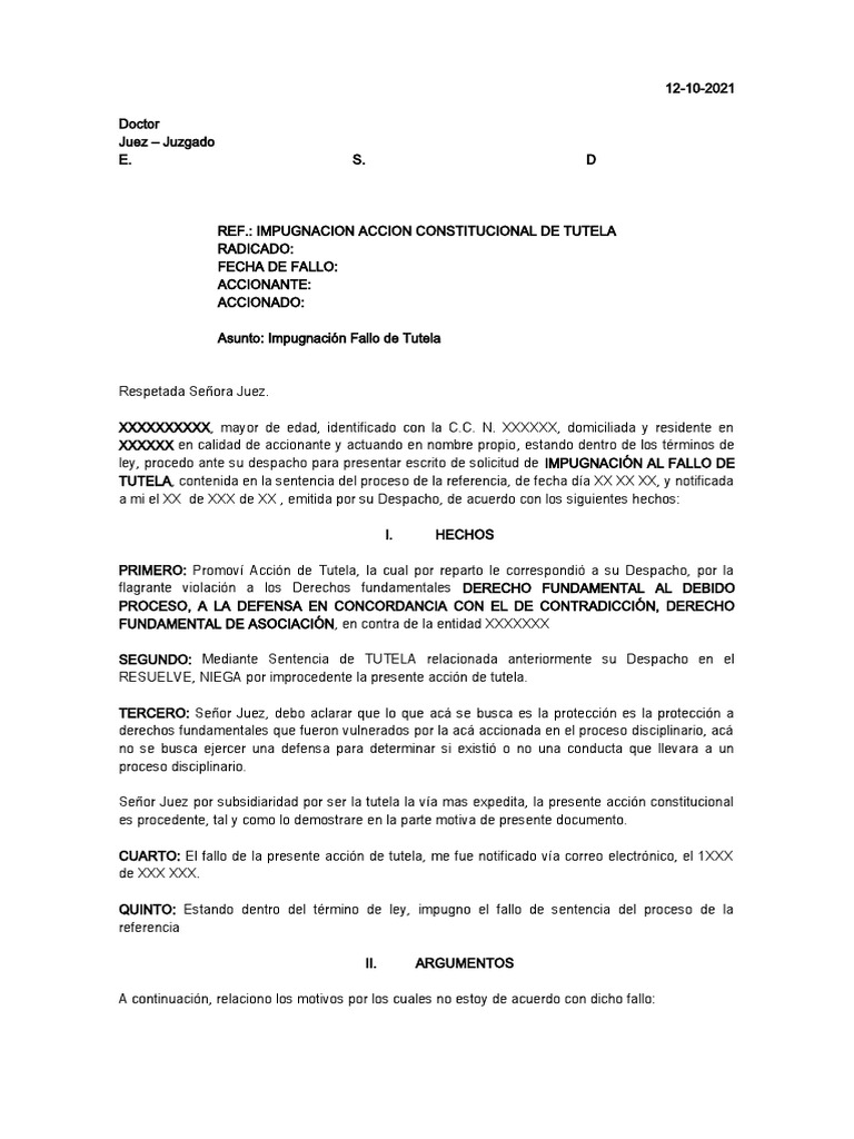 Impugnación Fallo de TutELA | PDF | Debido al proceso | Evidencia (ley)