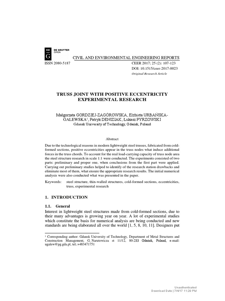 CIVIL AND ENVIRONMENTAL ENGINEERING REPORTS: TRUSS JOINT EXPERIMENT ...