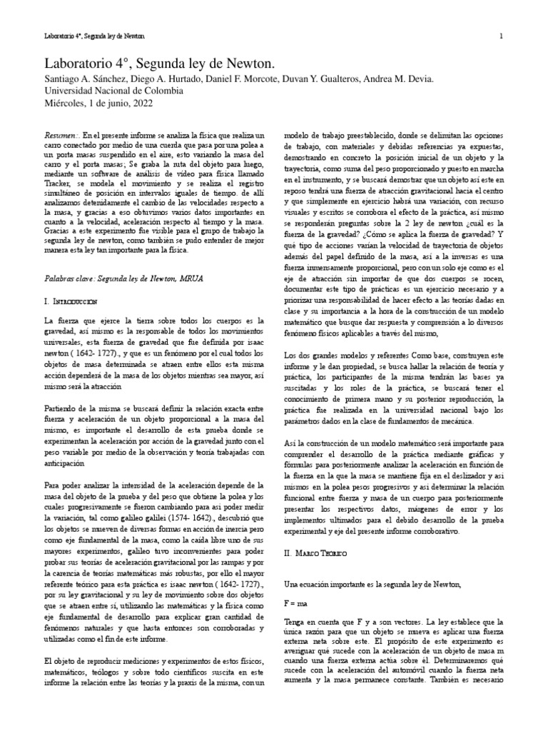 Informe, Lab 4 | PDF | Fuerza | Masa