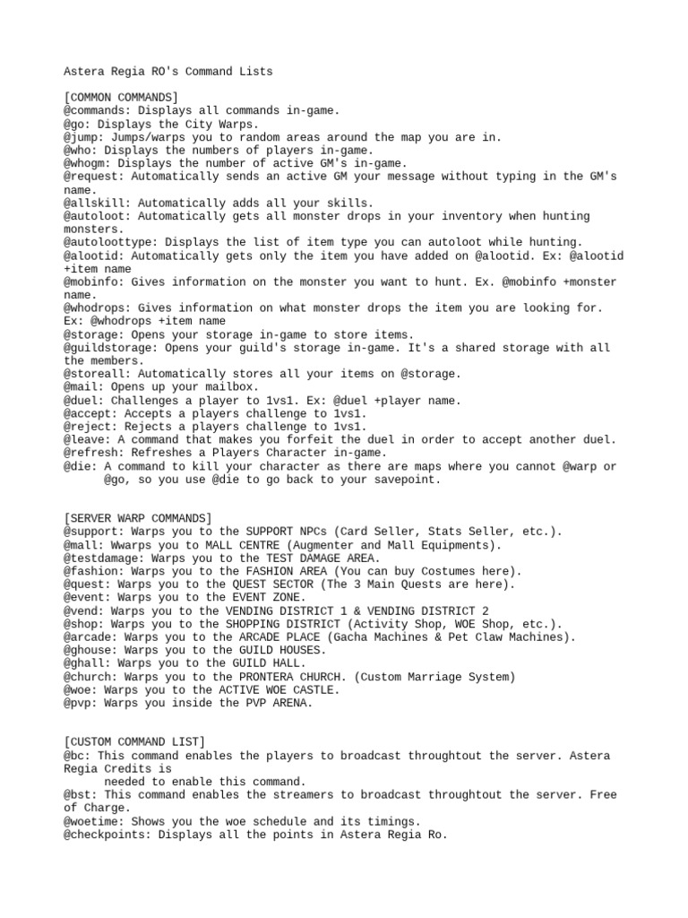 Astera Regia RO Command List | PDF | Gaming | Video Games