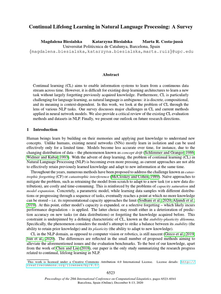 Continual Lifelong Learning in Natural Language Processing: A Survey | PDF | Learning | Systems ...