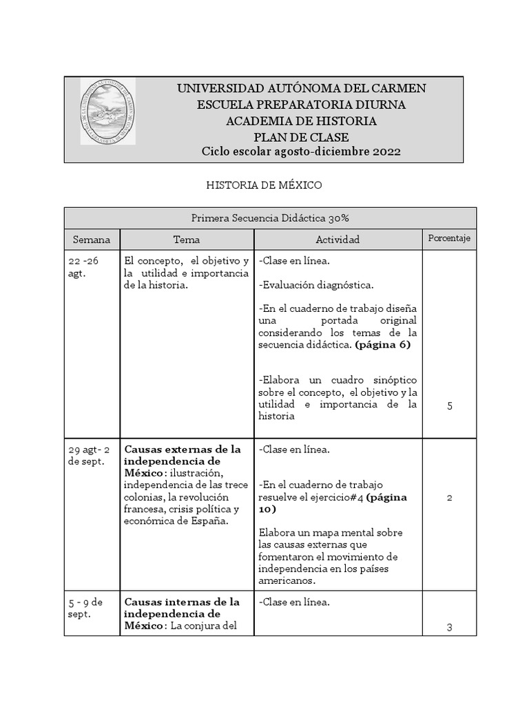 Plan de estudios detallado para el curso de Historia de México en la ...
