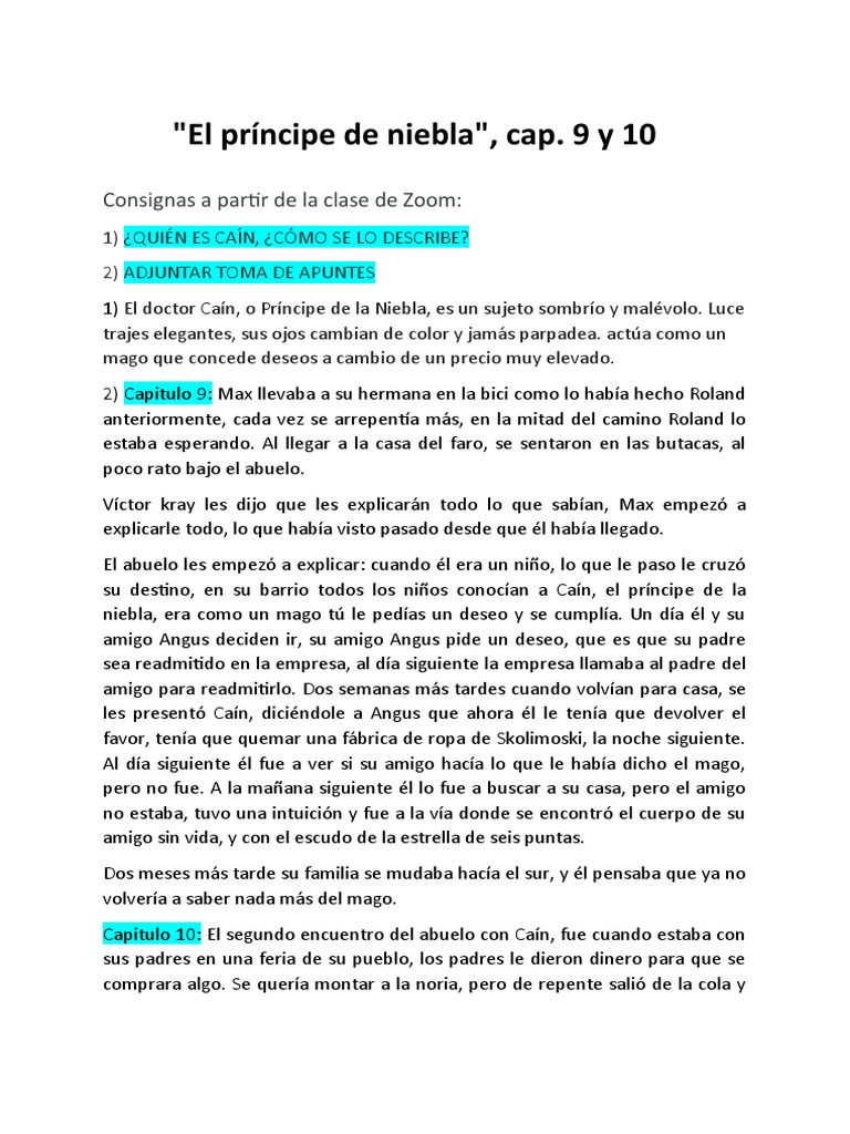 Resumen de capítulos 9 y 10 de "El Príncipe de la Niebla" | PDF