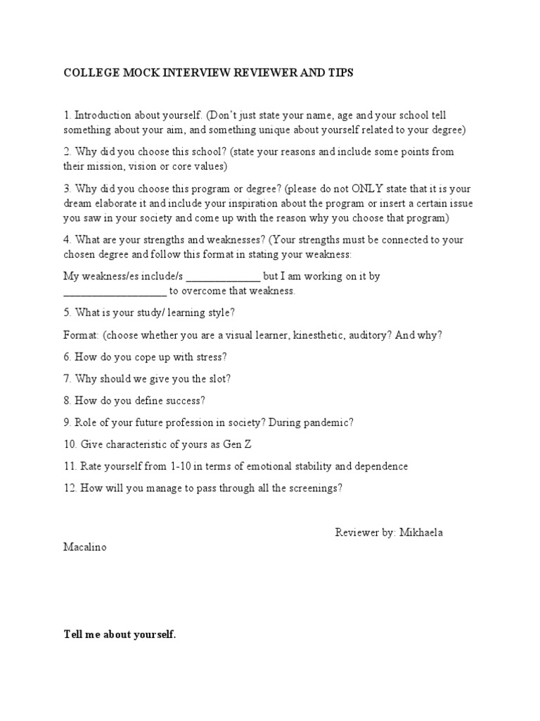 College Mock Interview Reviewer and Tips | PDF | Psychology | Behavior ...
